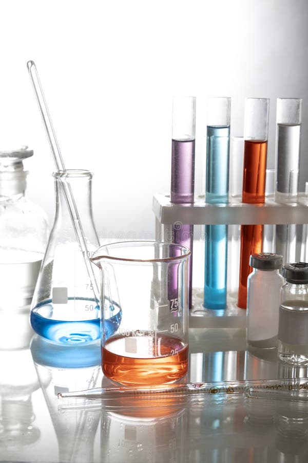 Vertical Image of Various of Lab Tubes,flasks and Colorful Liquids on ...