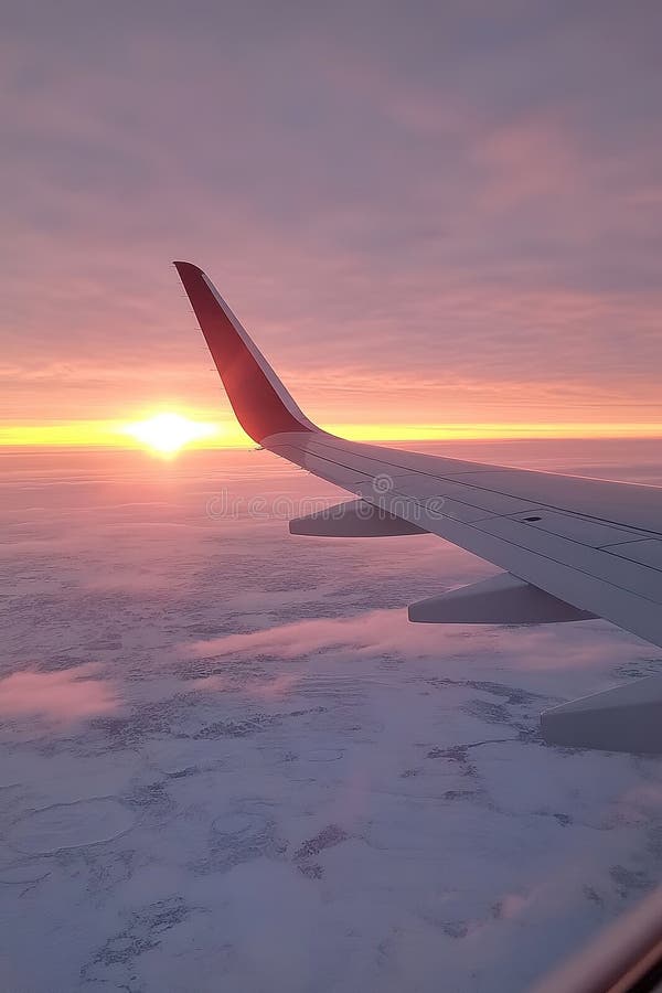 Vertical Image of View from Airplane Window of Wing on Pink Dawn Clouds ...