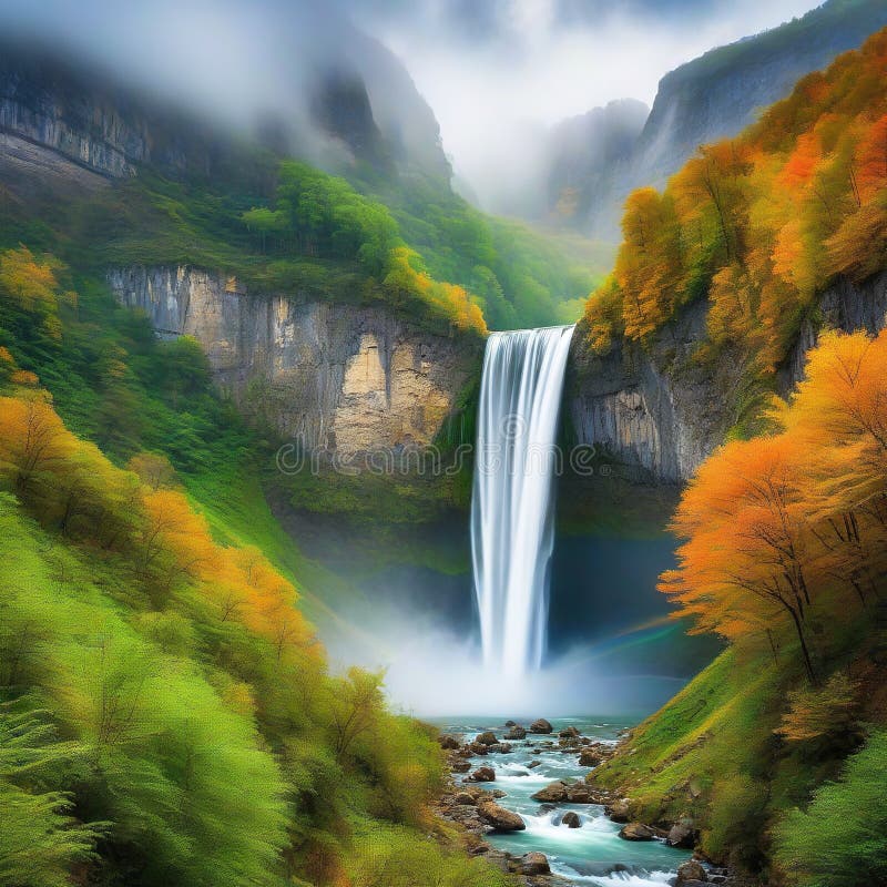 Vertical Image of a Waterfall Flowing Down from Rocky Cliff Under ...