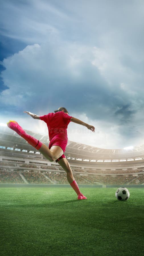 Vertical Image of Woman, Soccer Player in Red Uniform during Match ...