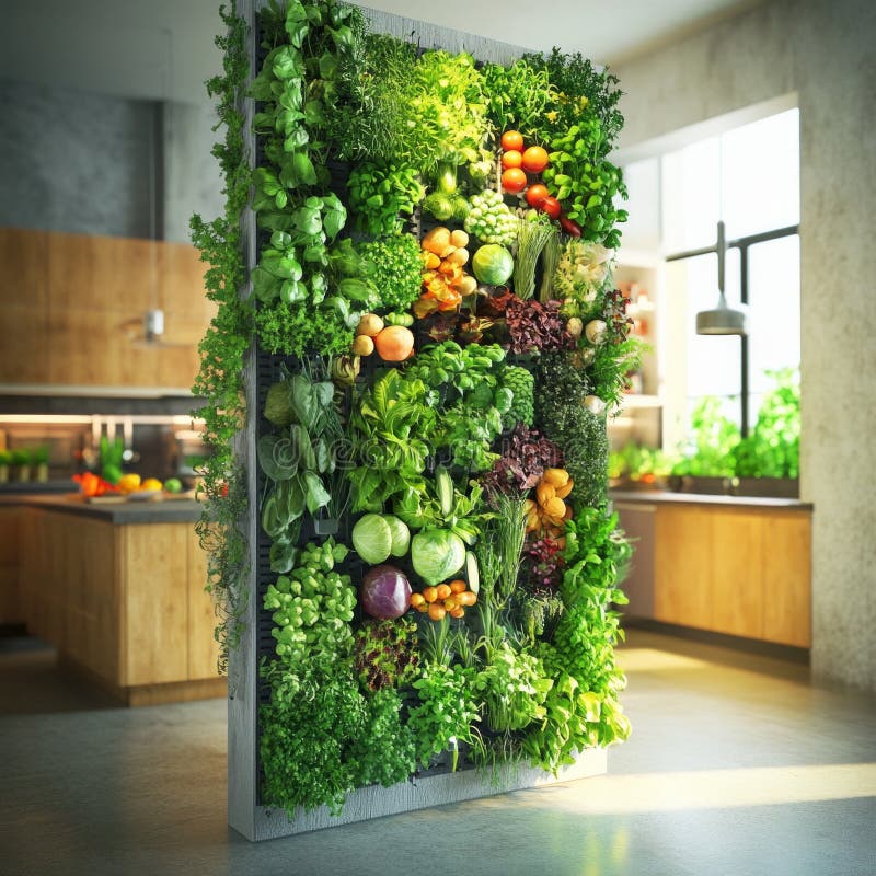 Vertical Indoor Garden with Fresh Vegetables and Herbs in a Modern ...