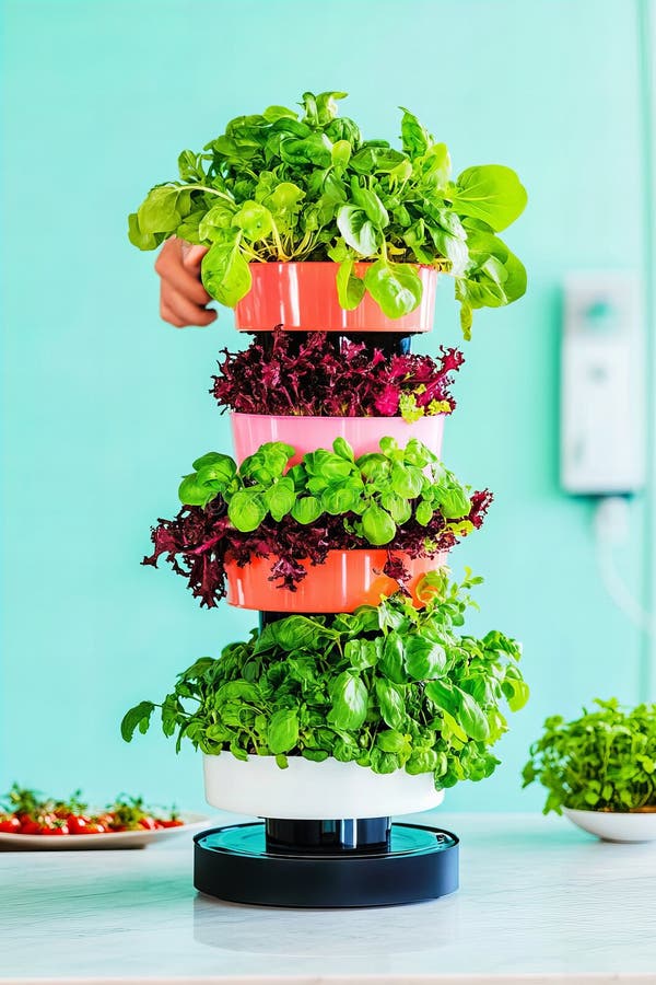 Vertical Indoor Herb Garden with Multiple Stacked Planters on Table ...