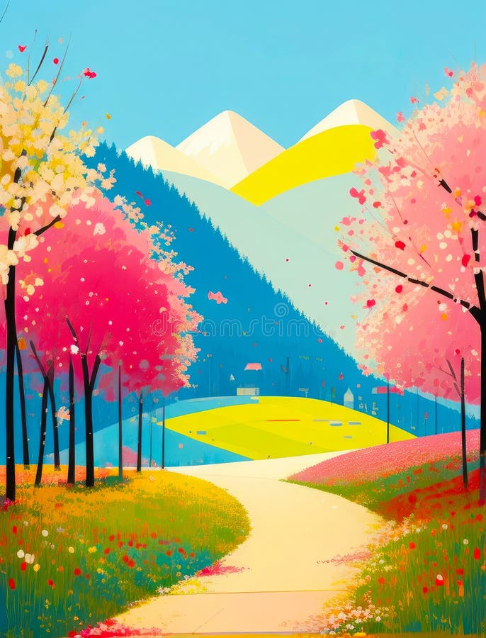 Vertical Landscape. Drawing of Flowering Trees Against the Background ...