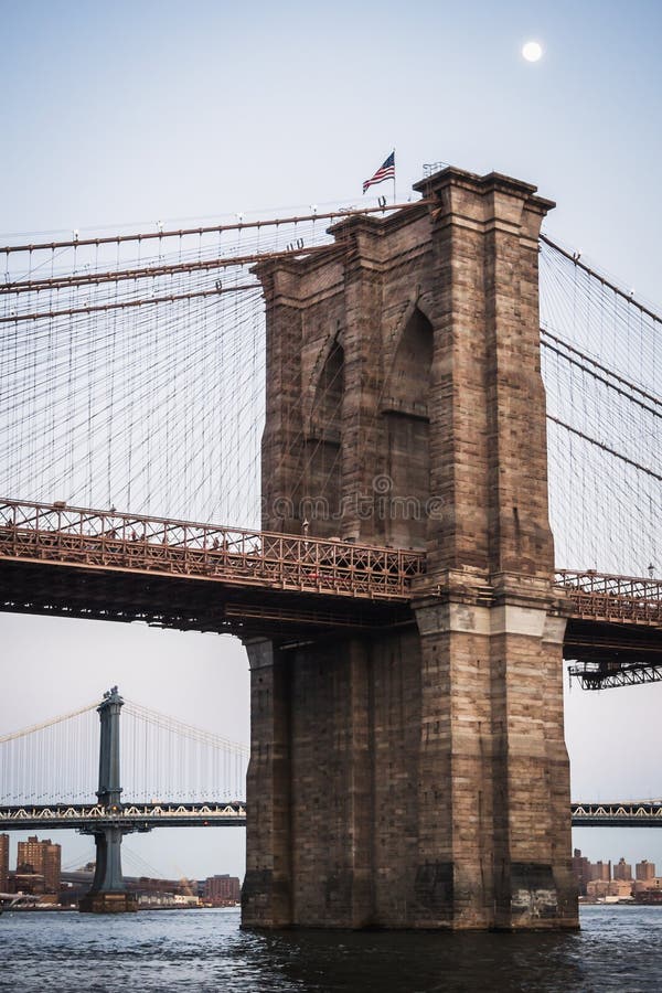 Vertical Landscape of Manhattan Bridge and Brooklyn Bridge on the East ...