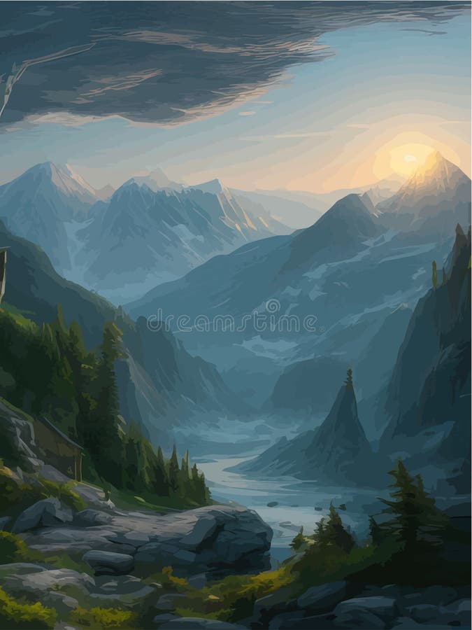Vertical Landscape with Mountains and River. Beautiful Mountain Range ...