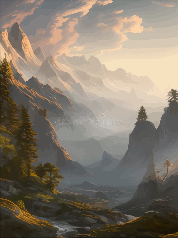 Vertical Landscape with Mountains and River. Beautiful Mountain Range ...