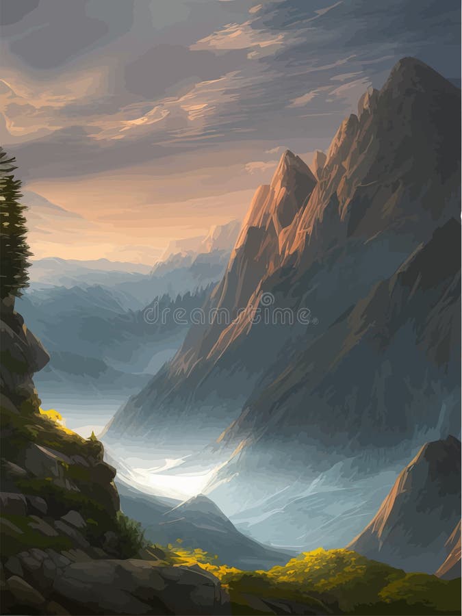 Vertical Landscape with Mountains and River. Beautiful Mountain Range ...