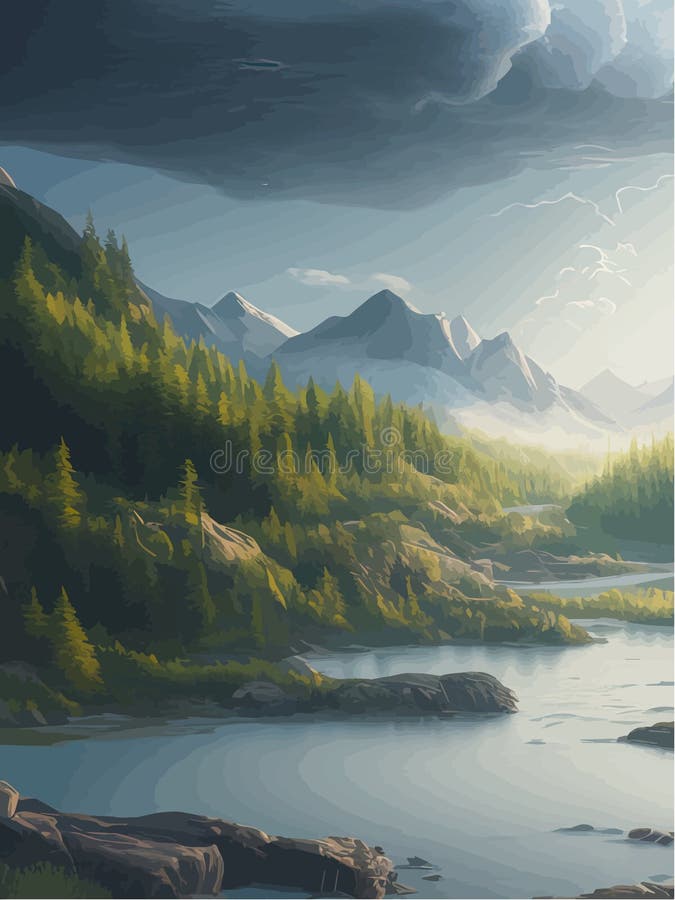 Vertical Landscape with Mountains and River. Beautiful Mountain Range ...