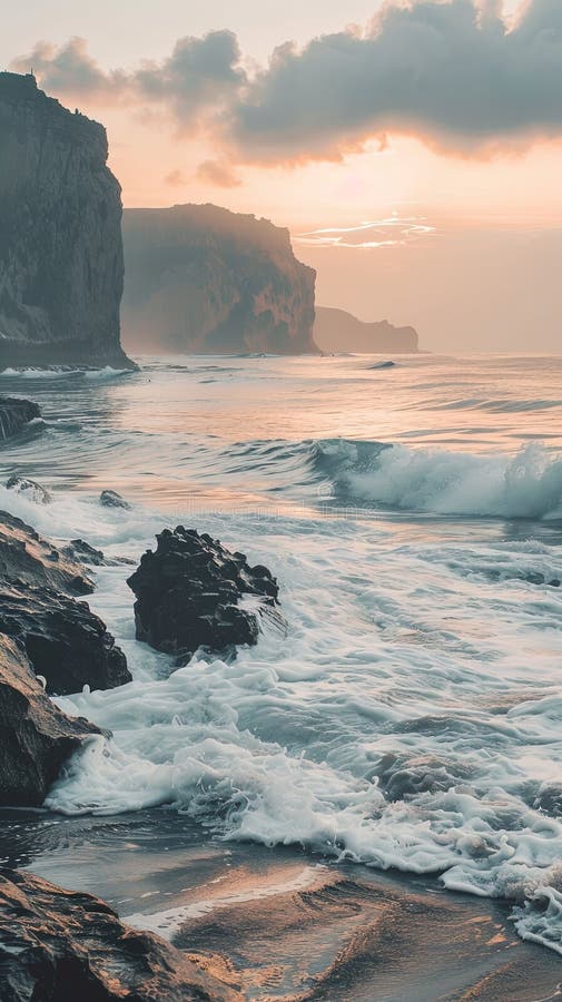 Vertical Landscape of Ocean Shoreline with Waves and Rocks with ...