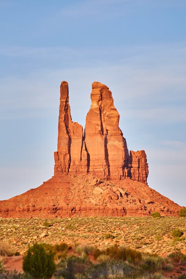 Vertical Large Red Rock Pillar in Desert with Blue Sky Stock Image ...