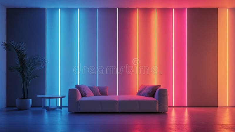Vertical LED Strips Embedded in a Living Room Wall Panel, Creating a ...