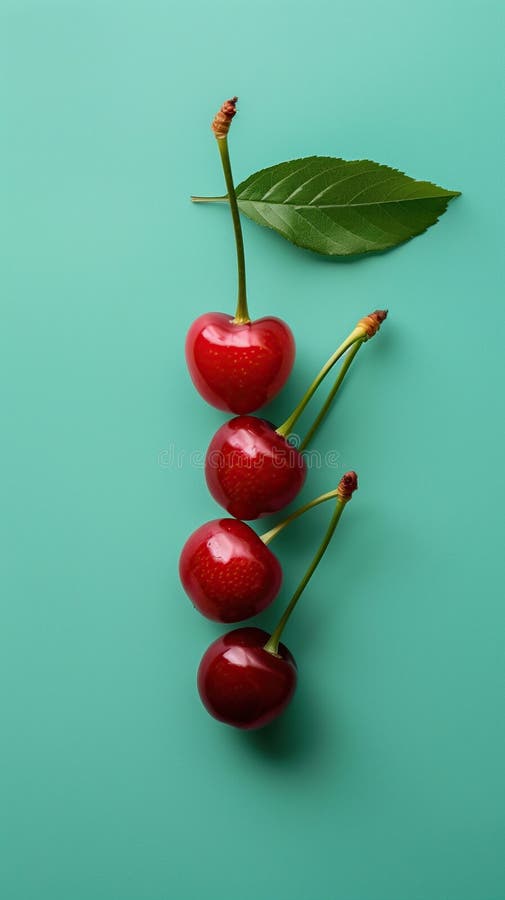 Vertical Line of Four Bright Red Cherries with Stems Attached and ...