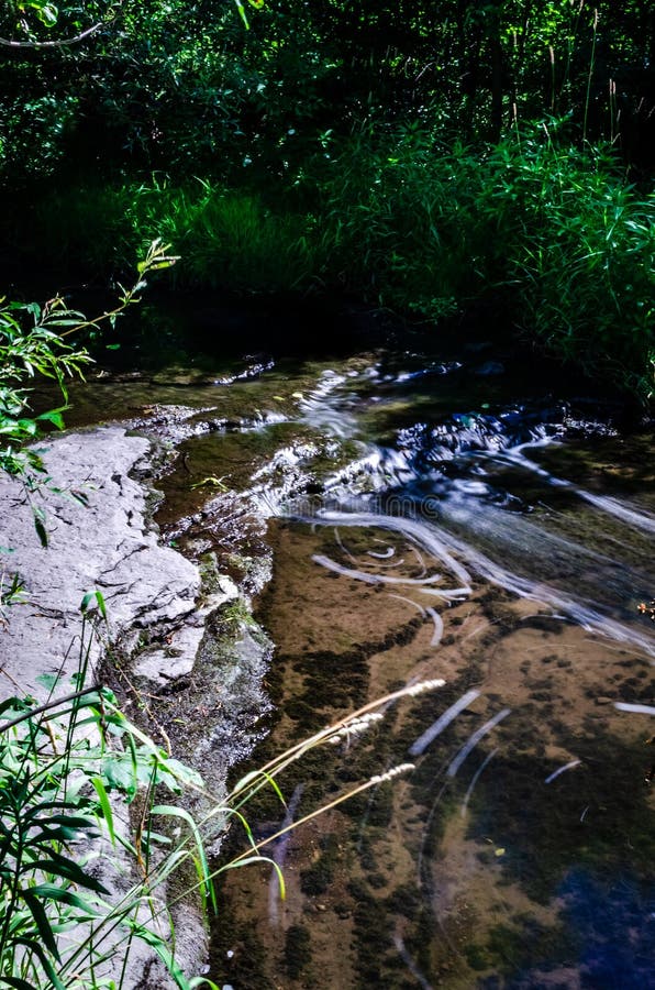 Vertical Long Exposure Close-up of a Shallow Stream Flowing Over Rocks ...