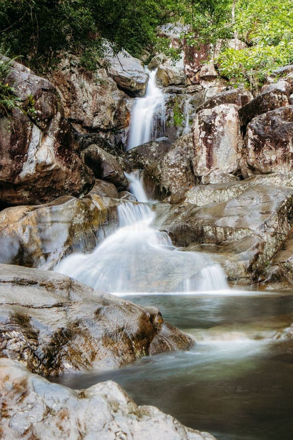 Vertical and Long Exposure Shot of the Waterfall in the Forest Stock ...