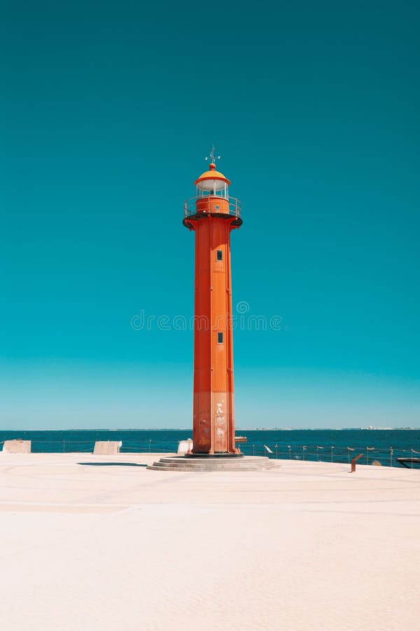 Vertical Low-angle of Cacilhas Lighthouse Seascape View Clear Sunlit ...