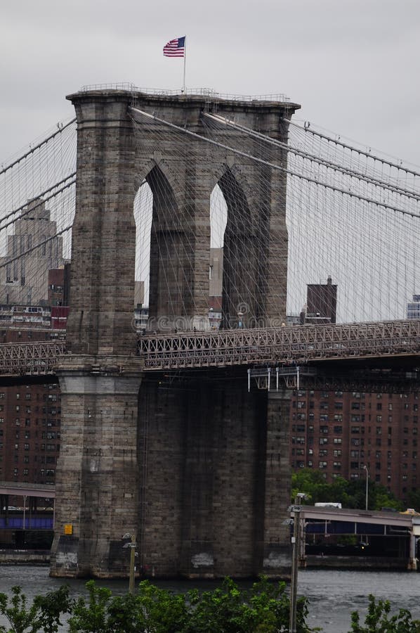 Vertical Low-angle Closeup of Brooklyn Bridge with the Lake View and ...