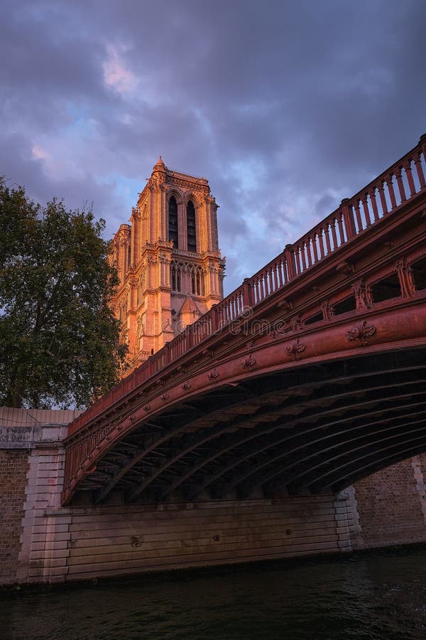 Vertical Low Angle of a the Pont Au Double Bridge with a View of the ...