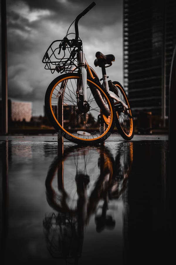 Vertical Low-angle Shot of a Cool Parked Bicycle on a Rainy Road with ...