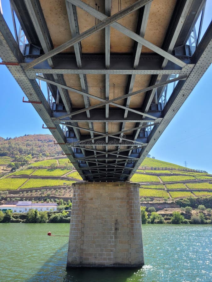 Vertical Low Angle Shot of Metal Bridge Over the Lake with Hillside ...