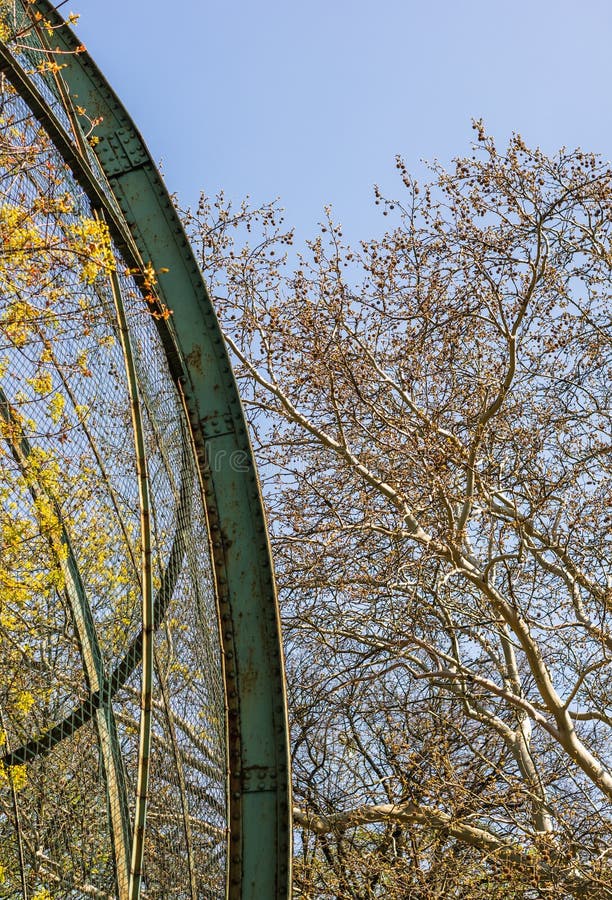 Vertical Low Angle Shot of a Metallic Object in a Park by the Tall Old ...