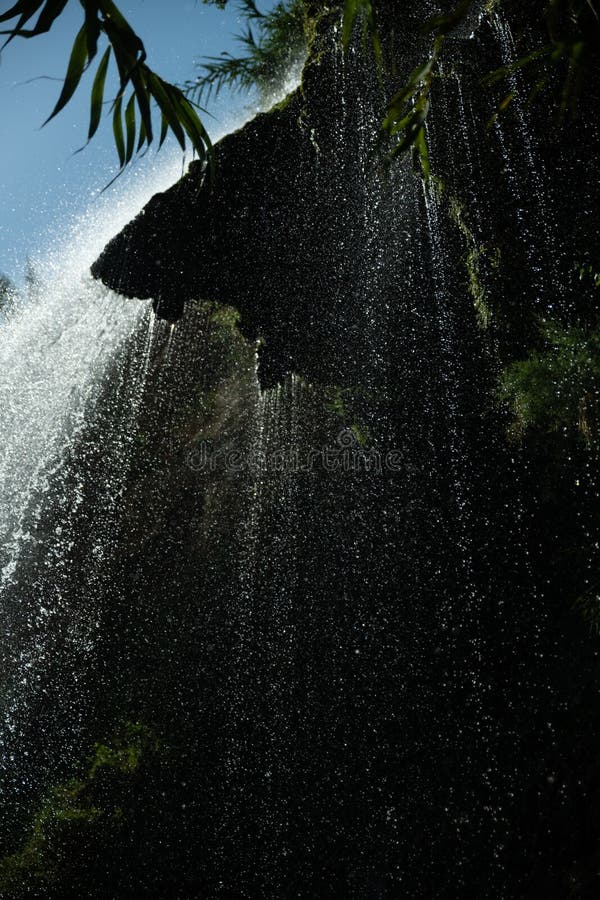 Vertical Low Angle Shot of a Waterfall Surrounded by Greenery Under the ...