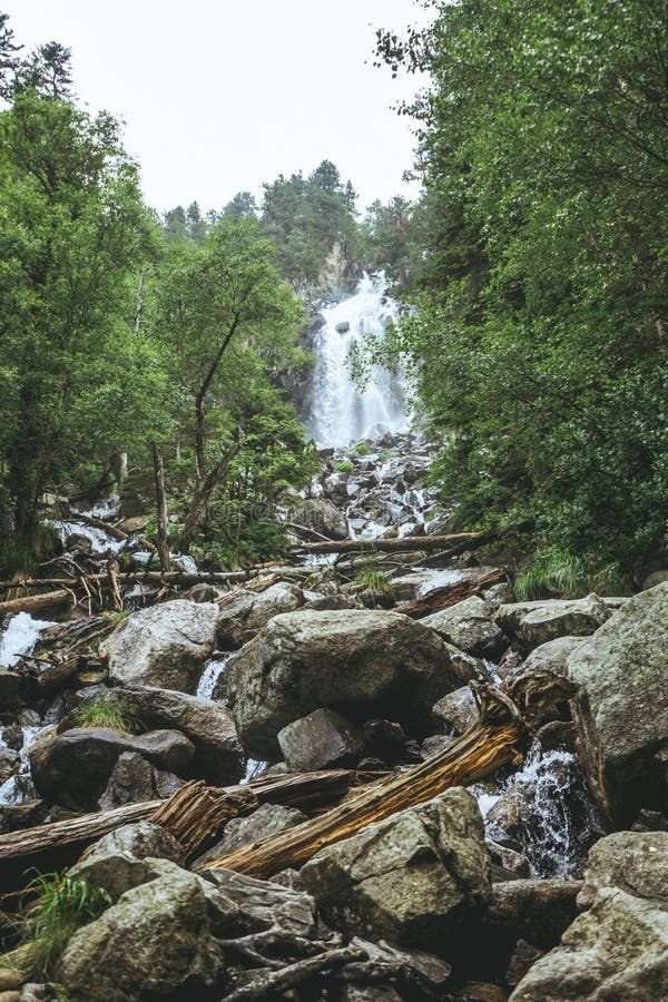 Vertical Low Angle Shot of a Waterfall and Trees on the Sides Stock ...
