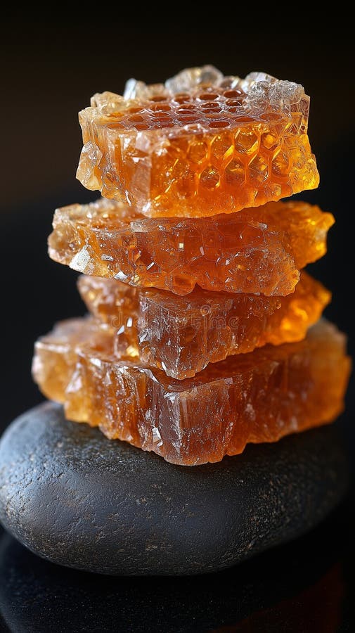 Macro of Crystallized Honeycomb on Dark Stone with Amber Reflections ...