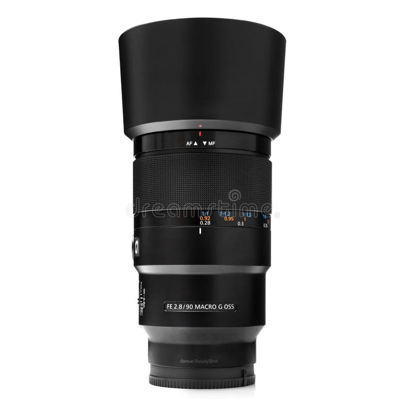 Vertical Macro Lens 90mm Black with Hood on a White Background Stock ...