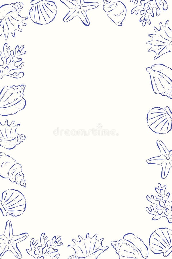 Vertical Marine Frame with Hand Drawn Seashells and Corals. Blue Ink ...