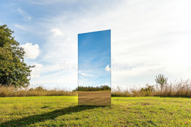 Vertical Mirror in Open Field Reflecting Sky and Landscape Stock Photo ...