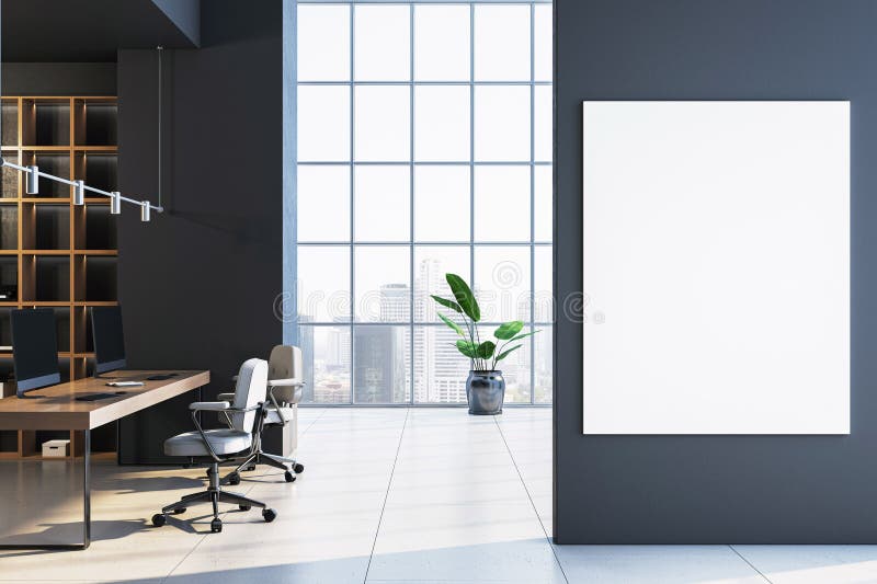 Vertical Mockup Canvas on Dark Wall in Modern Office Interior with City ...