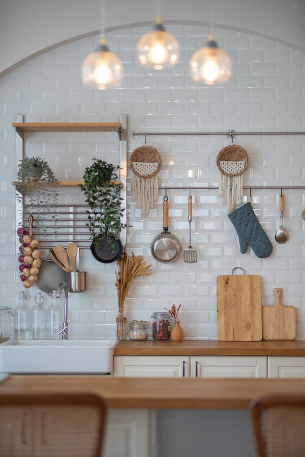 Vertical Modern Kitchen and Accessories Stock Photo - Image of bright ...