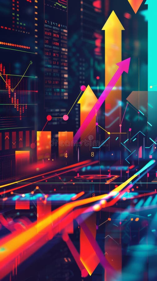 Vertical Neon Financial Chart with Rising Arrows and Dynamic Data ...