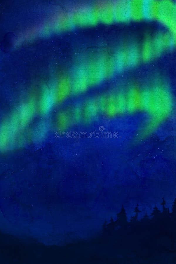 Vertical Night Sky with Green Aurora Background Stock Illustration ...