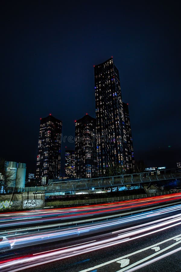 Vertical Night View of Deansgate Square with Its Four Towers, and ...