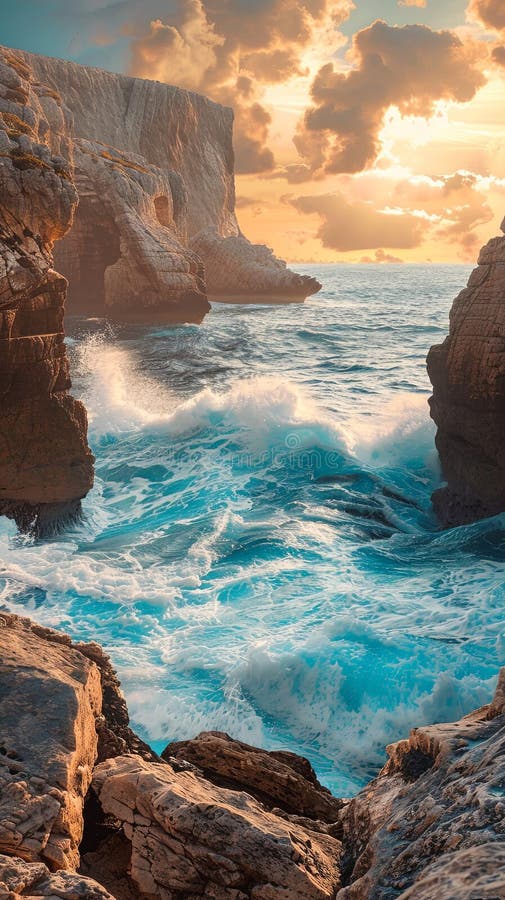 Vertical Oceanscape of Sea at Sunrise with Dramatic Skyline and Waves ...