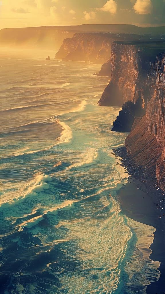 Vertical Oceanscape at Sunrise with Waves Crashing into Cliffs Stock Illustration - Illustration ...