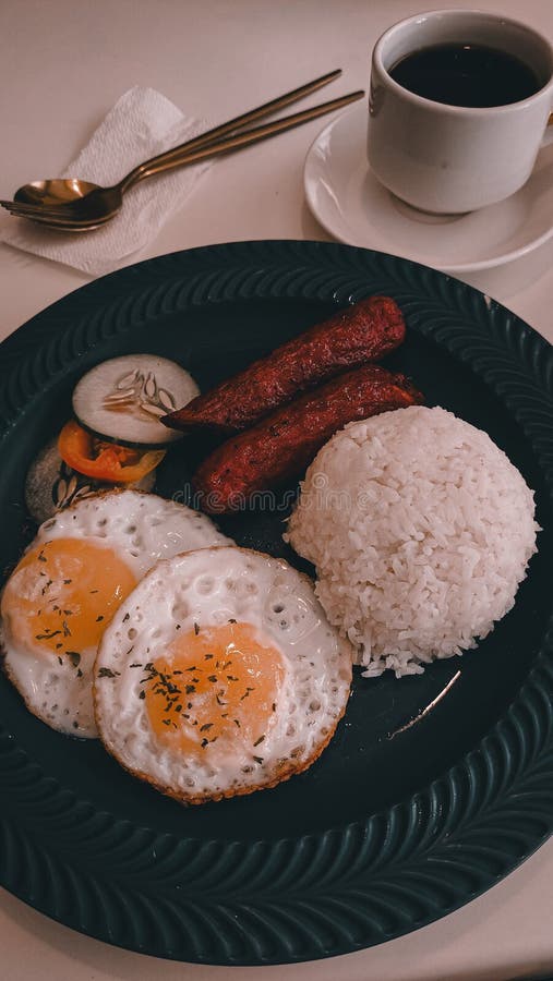 Vertical Overhead View of Fried Eggs, Longganisa and Rice, Paired with ...