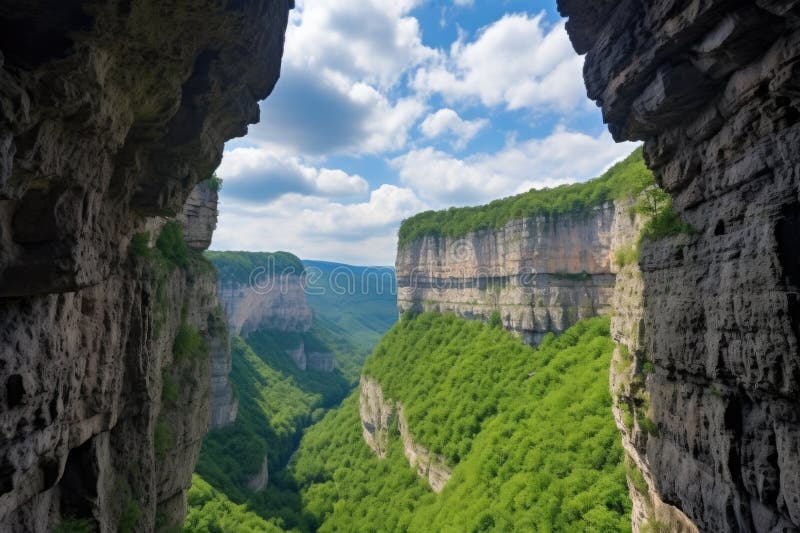 Vertical Panoramic View of a Towering Cliff with Cave Openings Stock ...