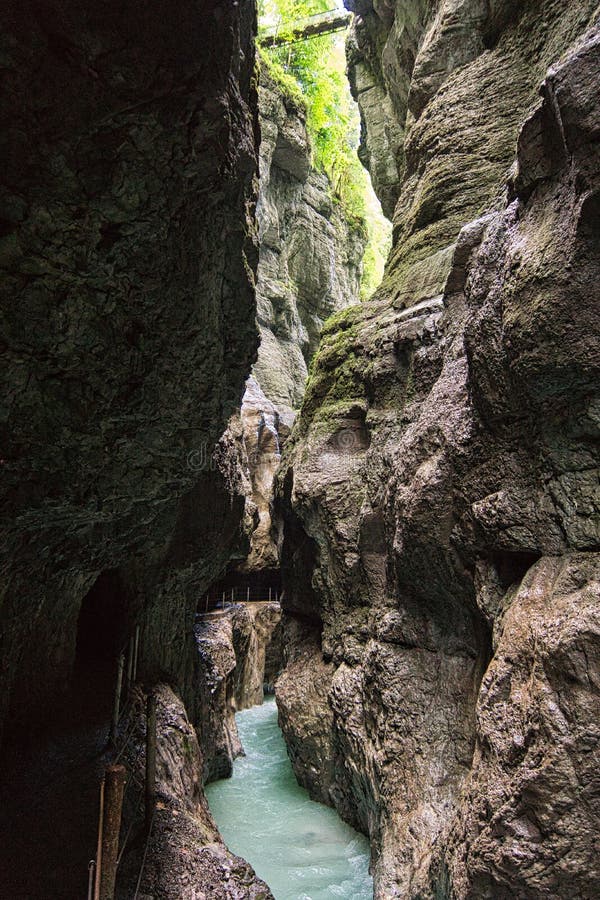 Vertical of the Partnachklamm Canyon and a Thin River Flowing in the ...