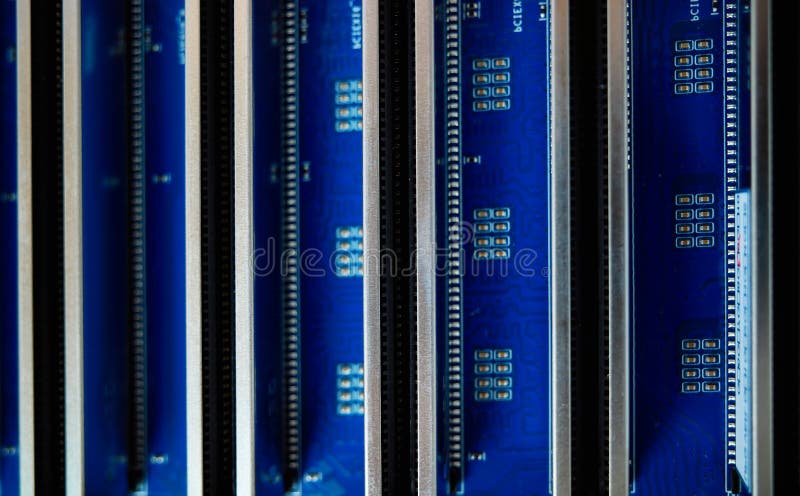 Vertical PCIe Slots on Blue Motherboard Computer Backdrop Stock Photo ...