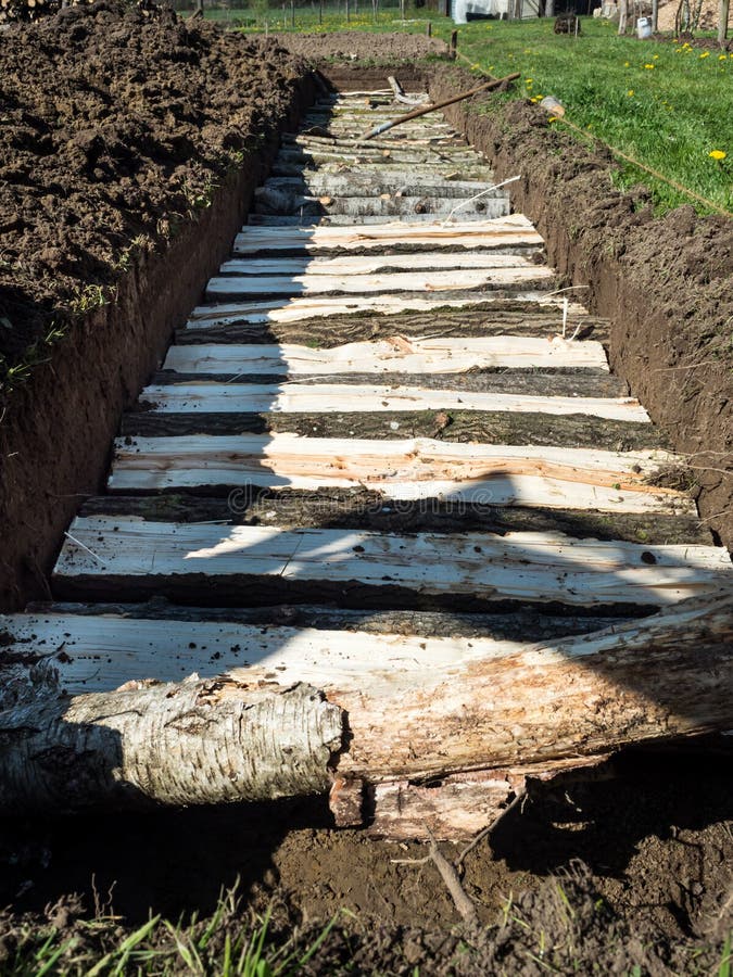 Vertical - Permaculture Trench with Half Long Logs of Wood Stock Photo ...