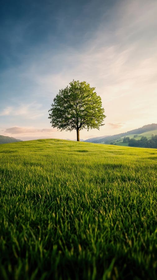 Vertical Phone Wallpaper with a Single Tree in a Green Landscape Stock ...