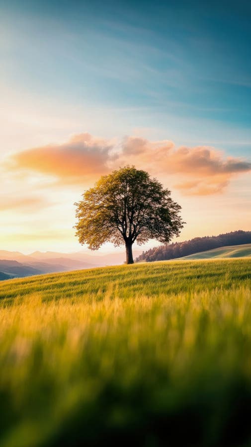 Vertical Phone Wallpaper with a Single Tree in a Green Landscape Stock ...