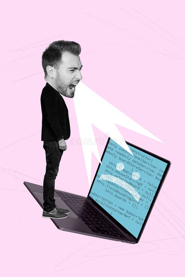 Vertical Photo Collage of Bossy Angry Man Big Head Stand Laptop ...