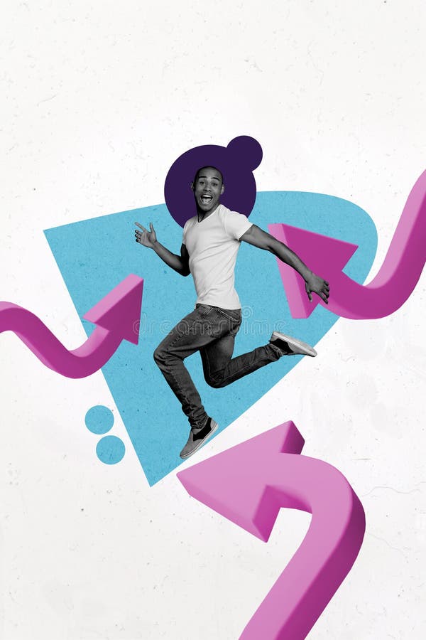 Vertical Photo Collage of Excited American Man Run Promotion Arrow ...