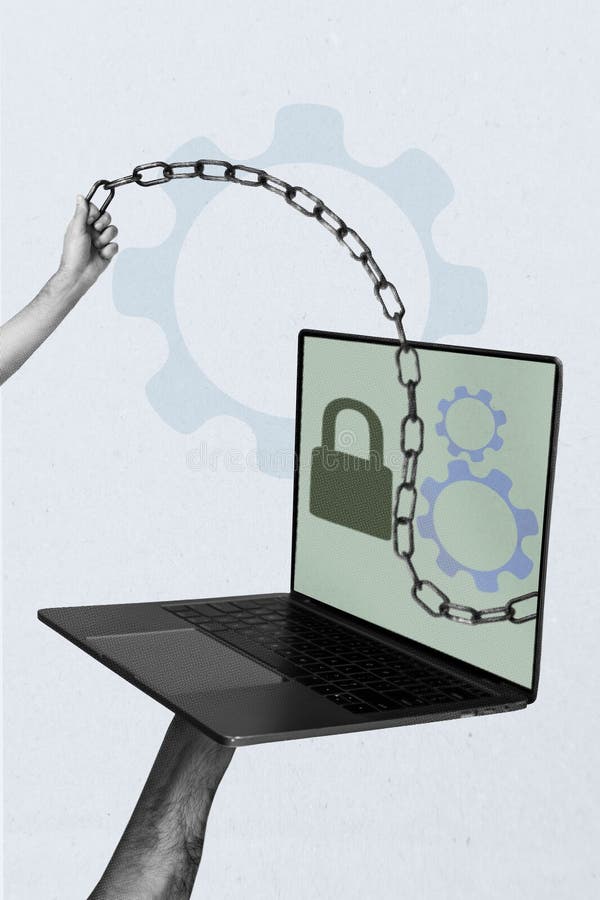 Vertical Photo Collage of Hand Hold Chain Blocked Laptop Device Lock ...