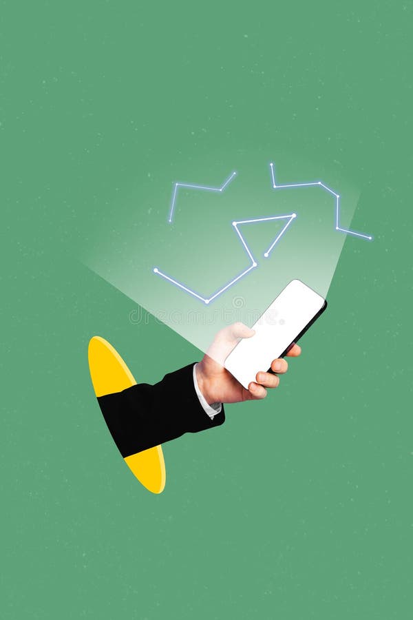 Vertical Photo Collage of Hand Hold Phone Cyber Matrix Technology Beam ...