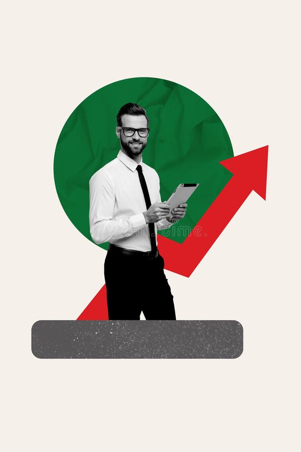 Vertical Photo Collage of Happy Businessman Hold Ipad Device Arrow ...