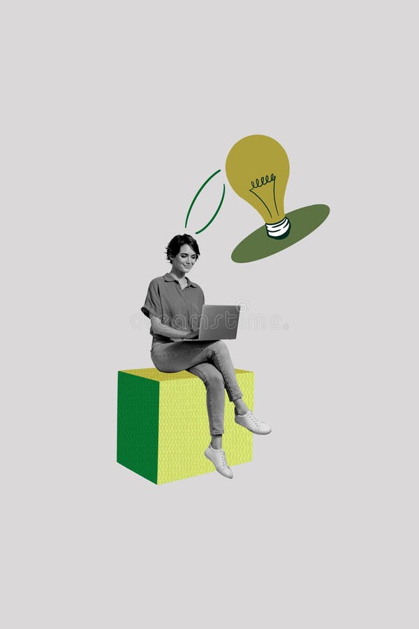 Vertical Photo Collage of Happy Freelancer Girl Type Laptop Light Bulb ...